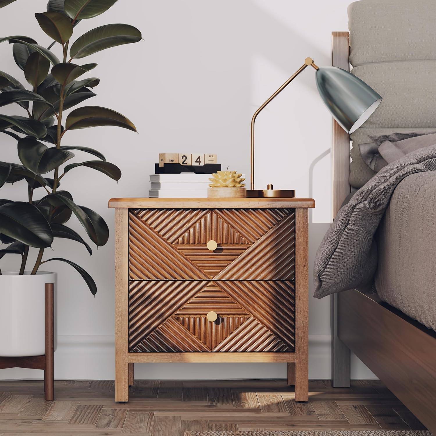 2 Drawer Fluted Dresser with Carved Geometric Pattern, Modern ...