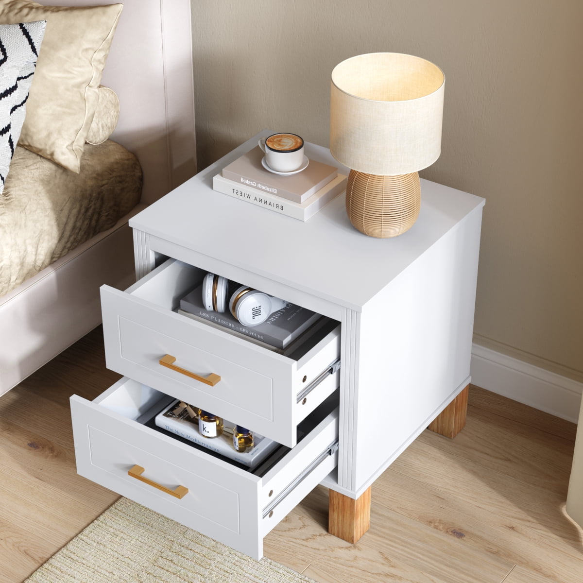2 Drawer Fluted Nightstand MDF Smooth Paint Finish Solid Wood Legs ...
