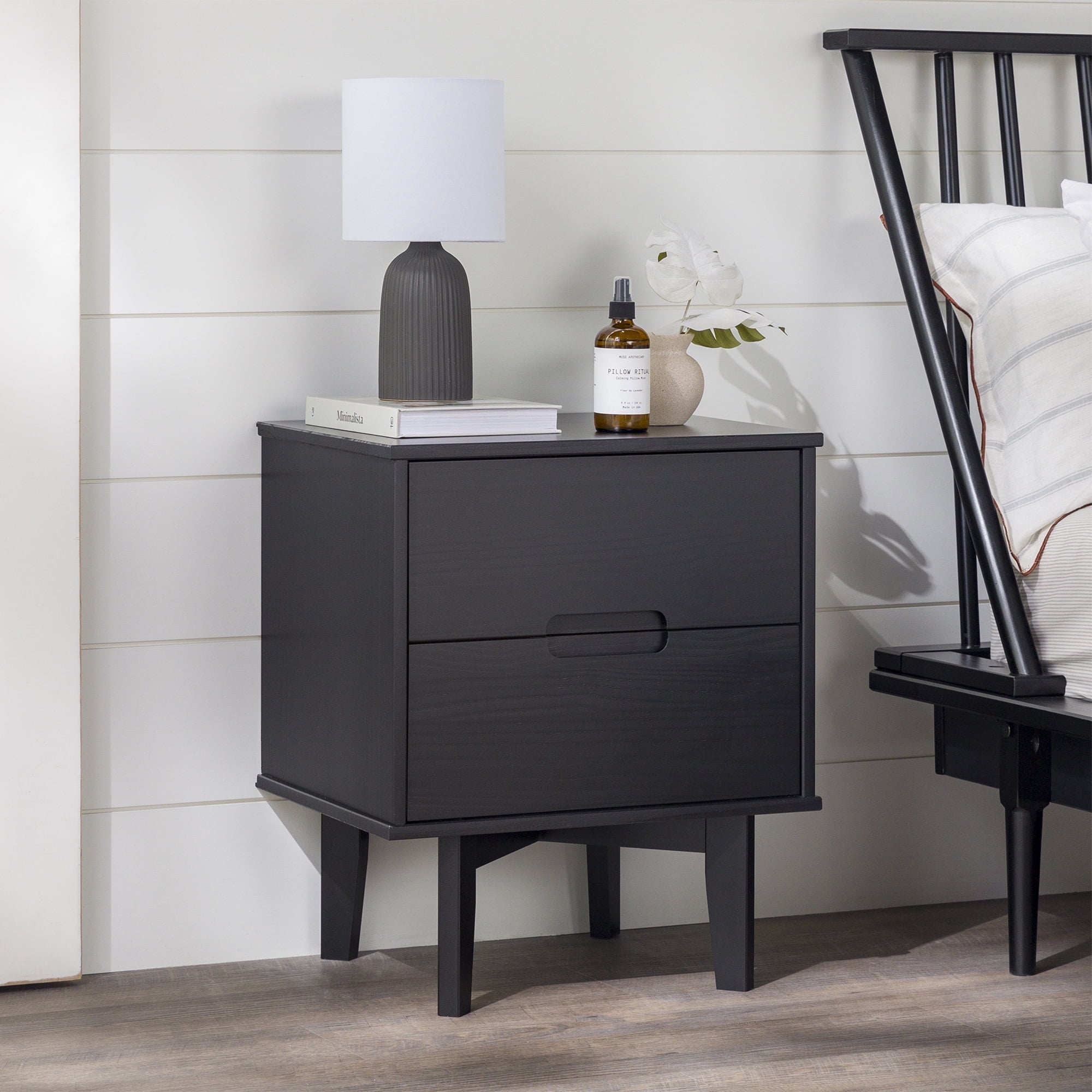 Walker Edison 2-Drawer Groove Handle Solid Wood Nightstand – Black ...