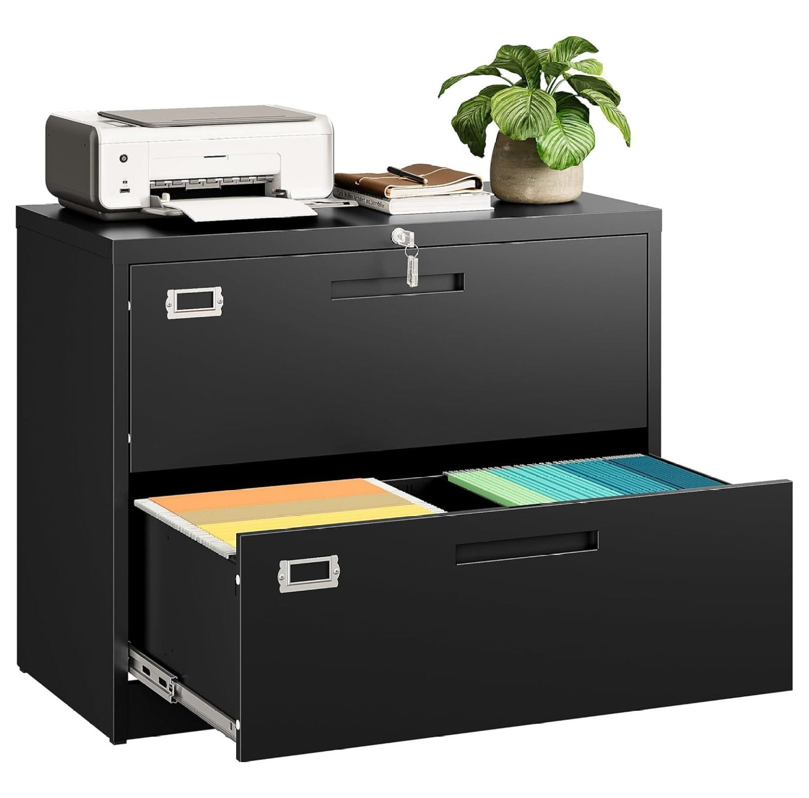 2 Drawer Lateral File Cabinet with Lock,Black Lateral Filing Cabinet,Horizontal Metal Filing ...