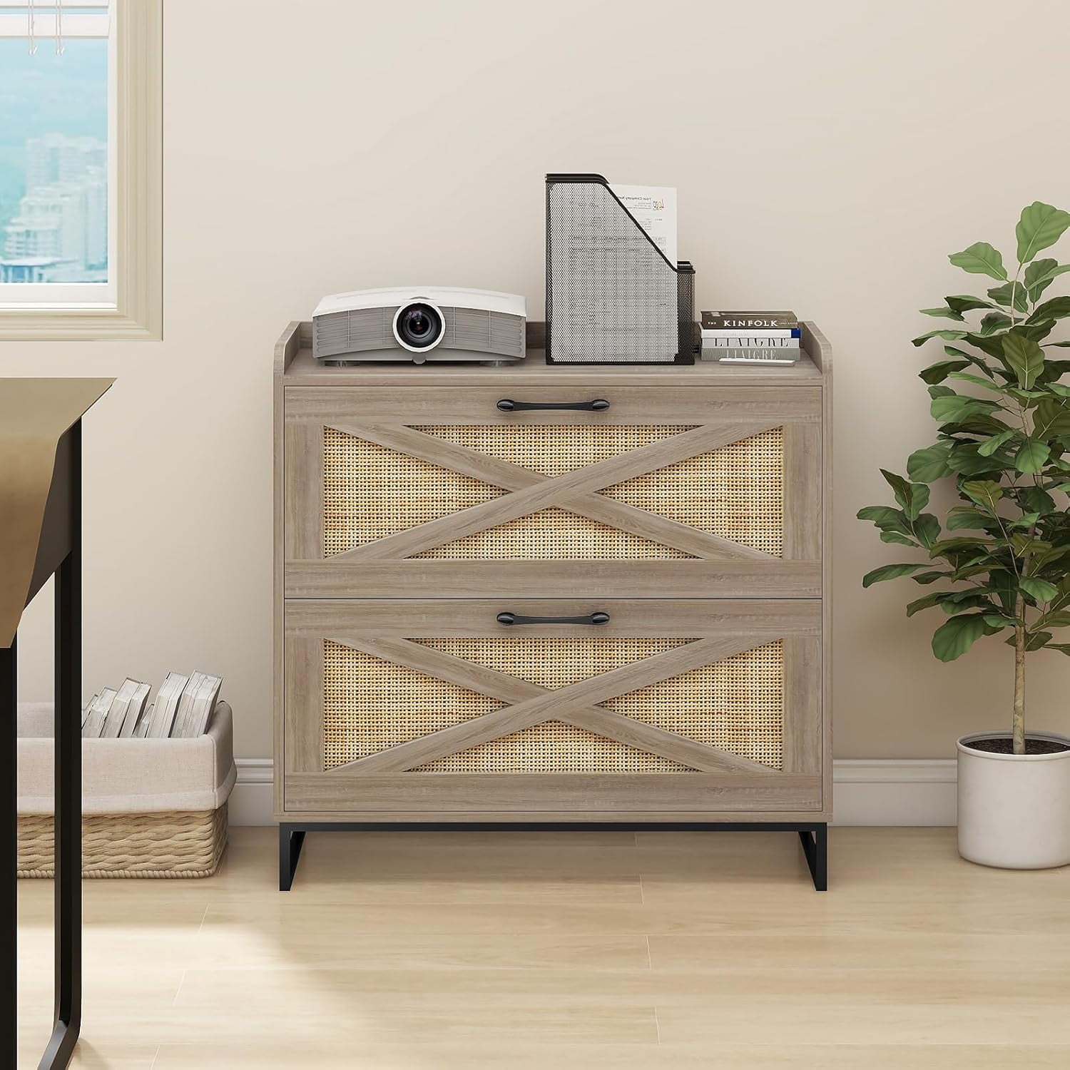 2 Drawer Lateral File Cabinet, Rattan Filing Cabinet with Charging ...