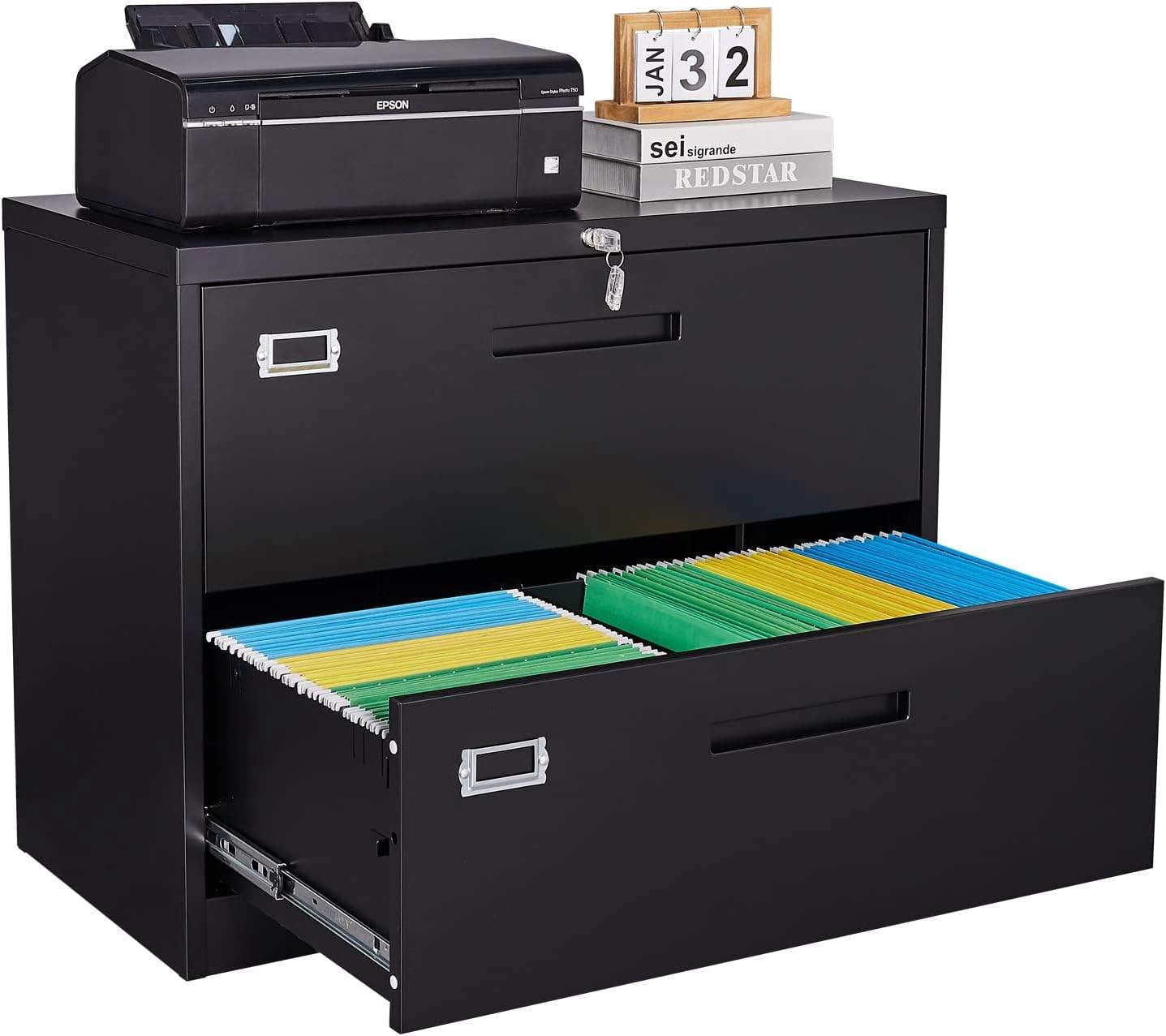 2-Drawer Lateral File Cabinet with Lock, Black Metal Filing Cabinet for ...