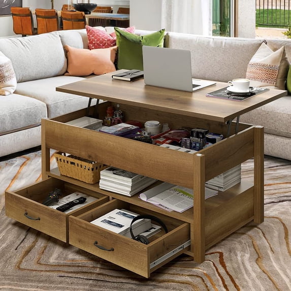 2 Drawer Lift Top Coffee Table Wooden with Hidden Compartment & Storage ...