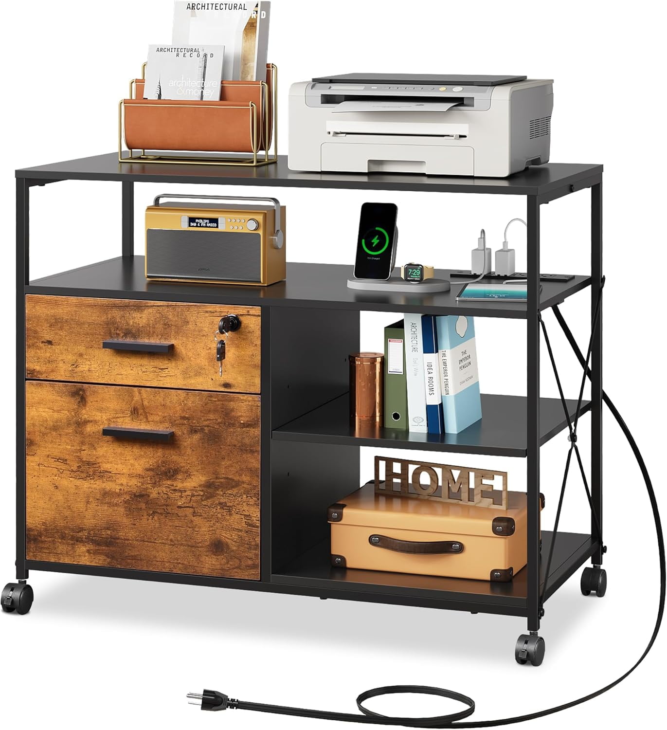 2 Drawer Locking File Cabinet with Charging Station, Rolling Printer ...