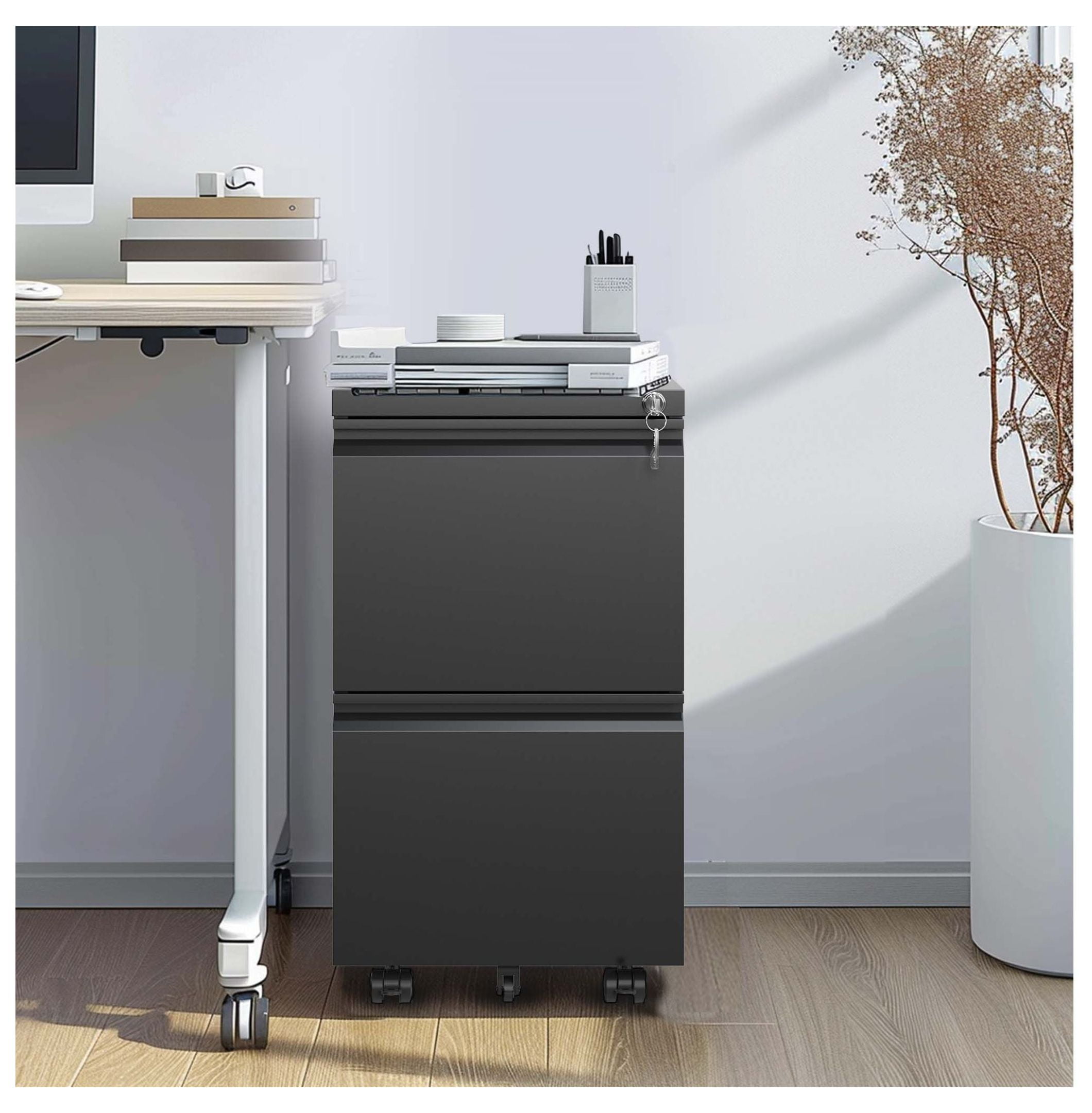 2 Drawer Metal File Cabinet, Rolling Mobile Cabinet with Lock - Legal/Letter/A4 Size - Fully ...