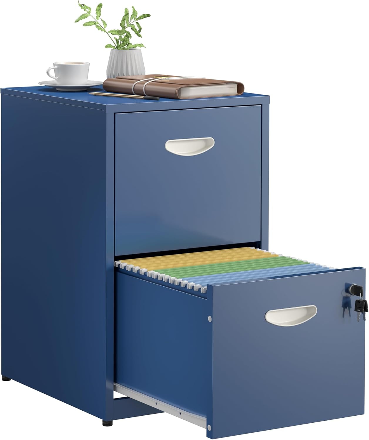 2-Drawer Metal File Cabinet with Lock, Blue Under-Desk Filing Cabinet ...