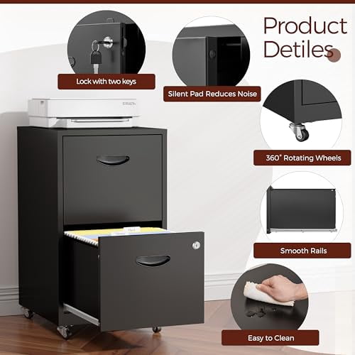 2 Drawer Mobile File Cabinet with Lock, Black Metal Filing Cabinets ...
