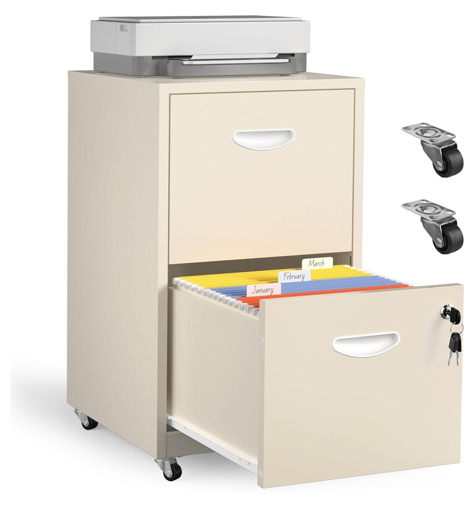 2 Drawer Mobile File Cabinet with Lock, Cream Metal Filing Cabinets ...