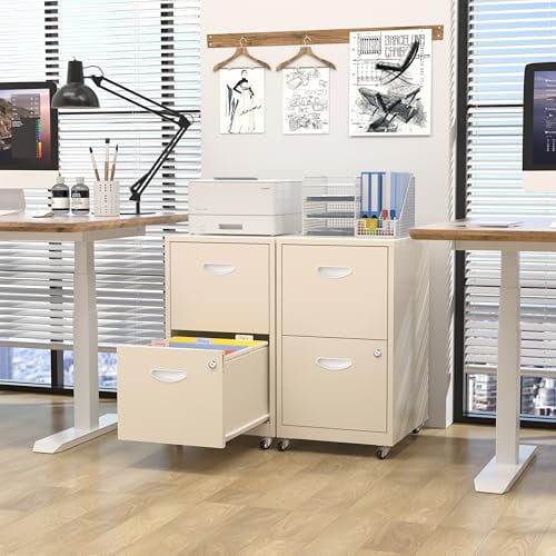 2 Drawer Mobile File Cabinet with Lock, Cream Metal Filing Cabinets ...