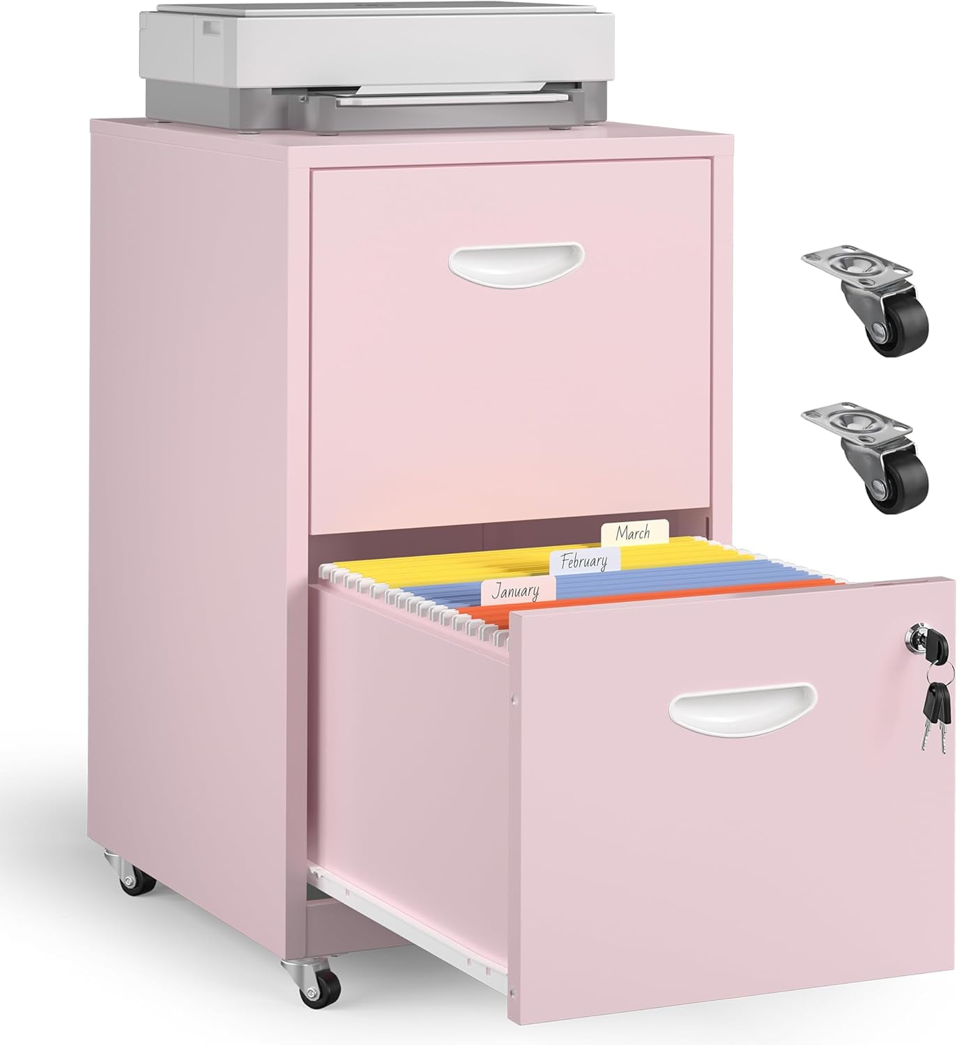 2 Drawer Mobile File Cabinet with Lock, Pink Metal Filing Cabinets with ...