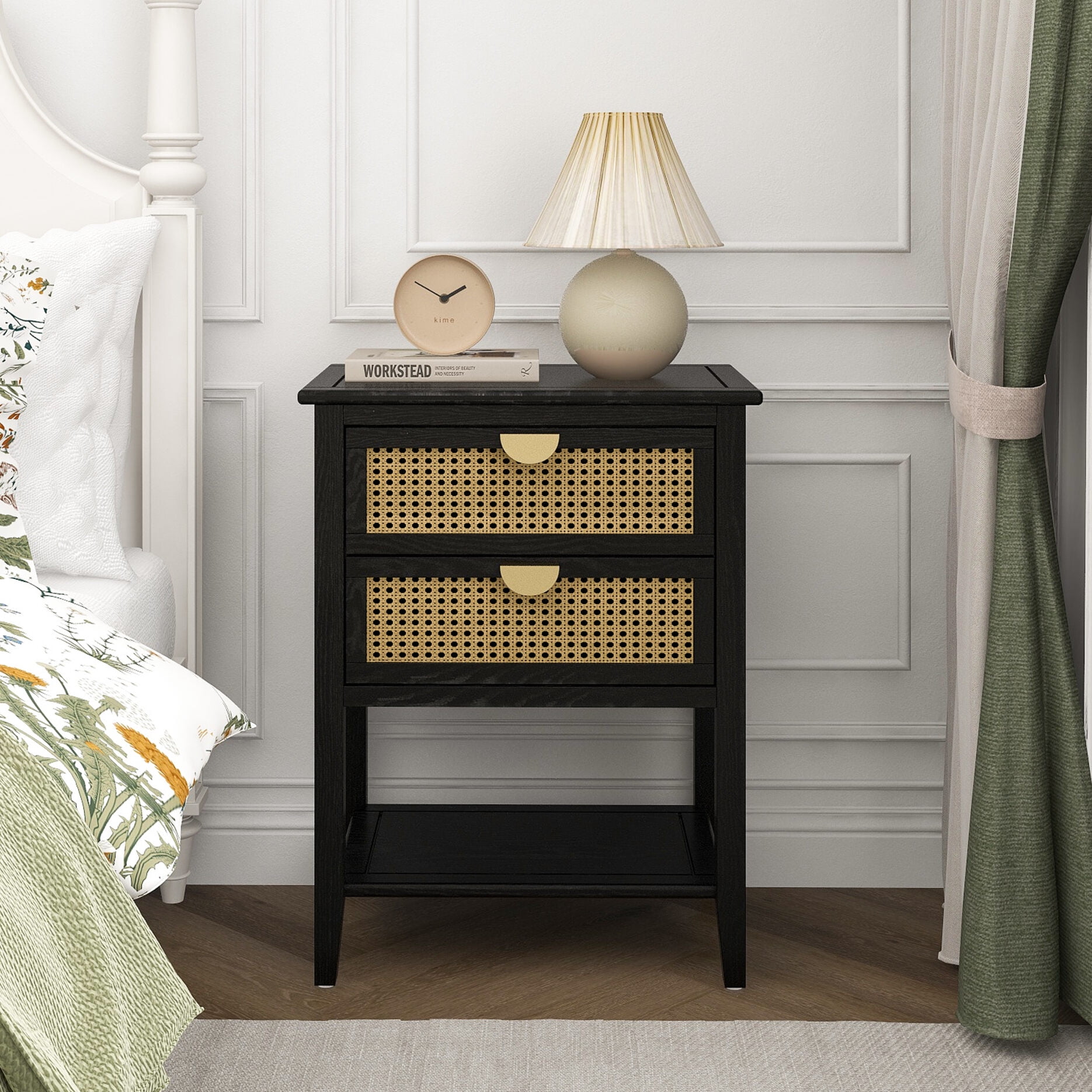 2 Drawer Natural Rattan Hollow Side Table with Storage Drawers and Semi ...
