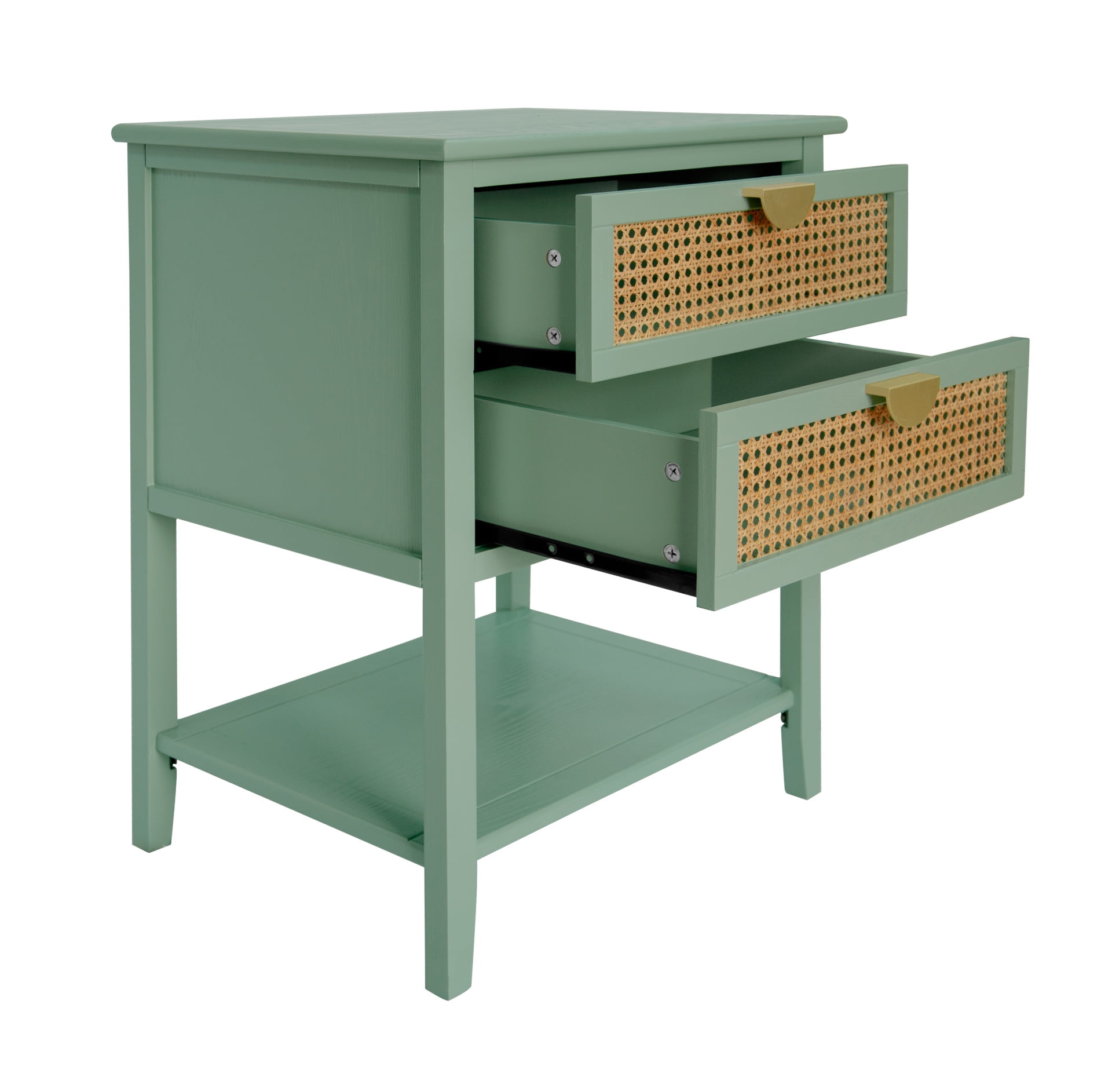 2 Drawer Natural Rattan Hollow Side Table with Storage Drawers and Semi ...