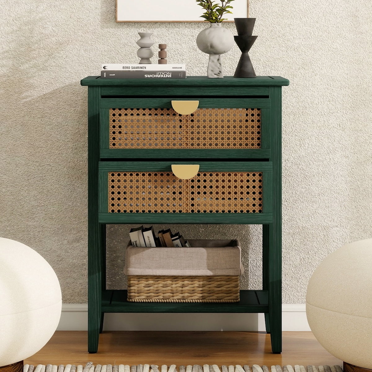 2 Drawer Natural Rattan Side Table, End Table with Hollow Breathable ...
