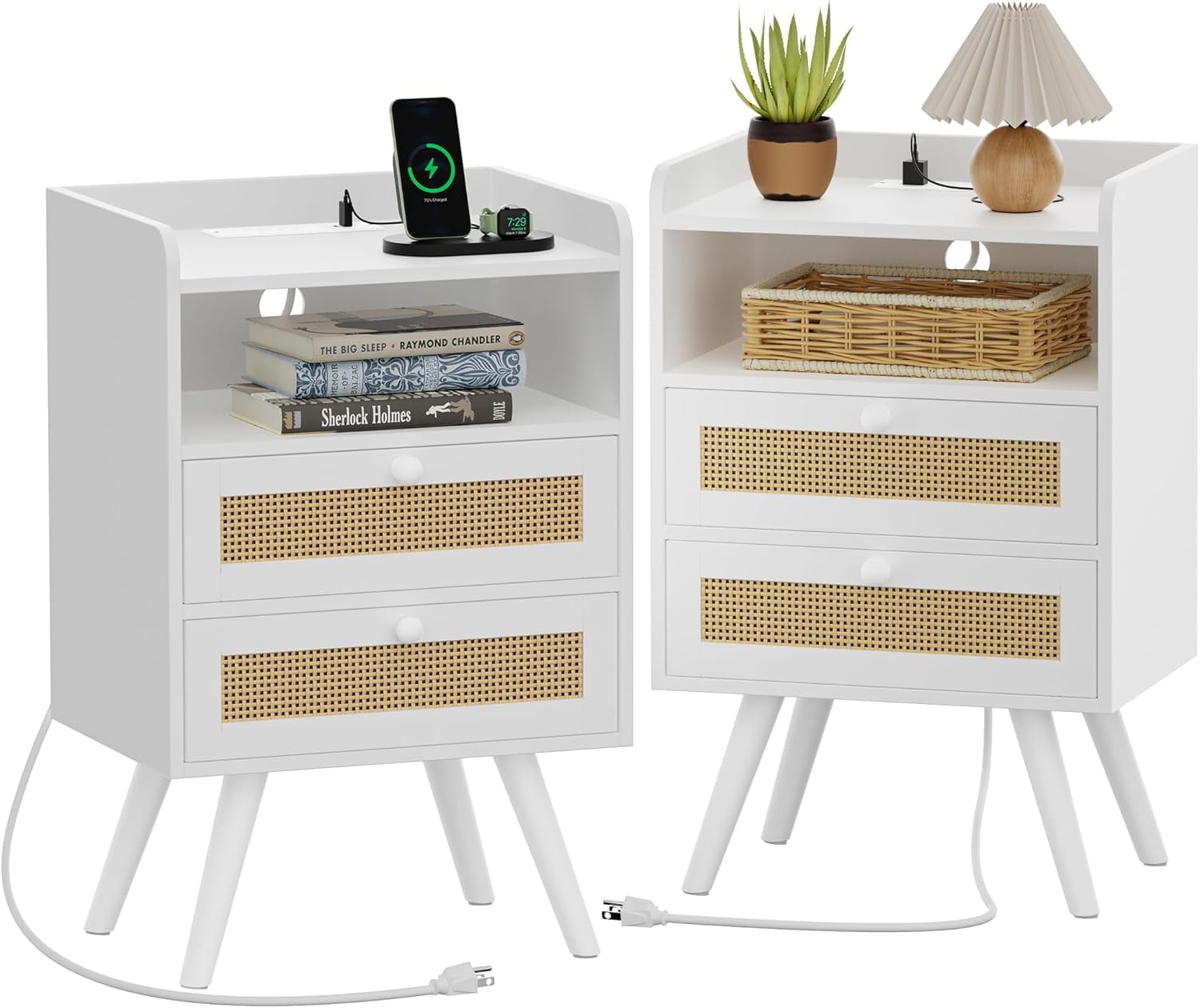 2 Drawer Night Stand with Charger Station, Boho Rattan Nightstand Set ...