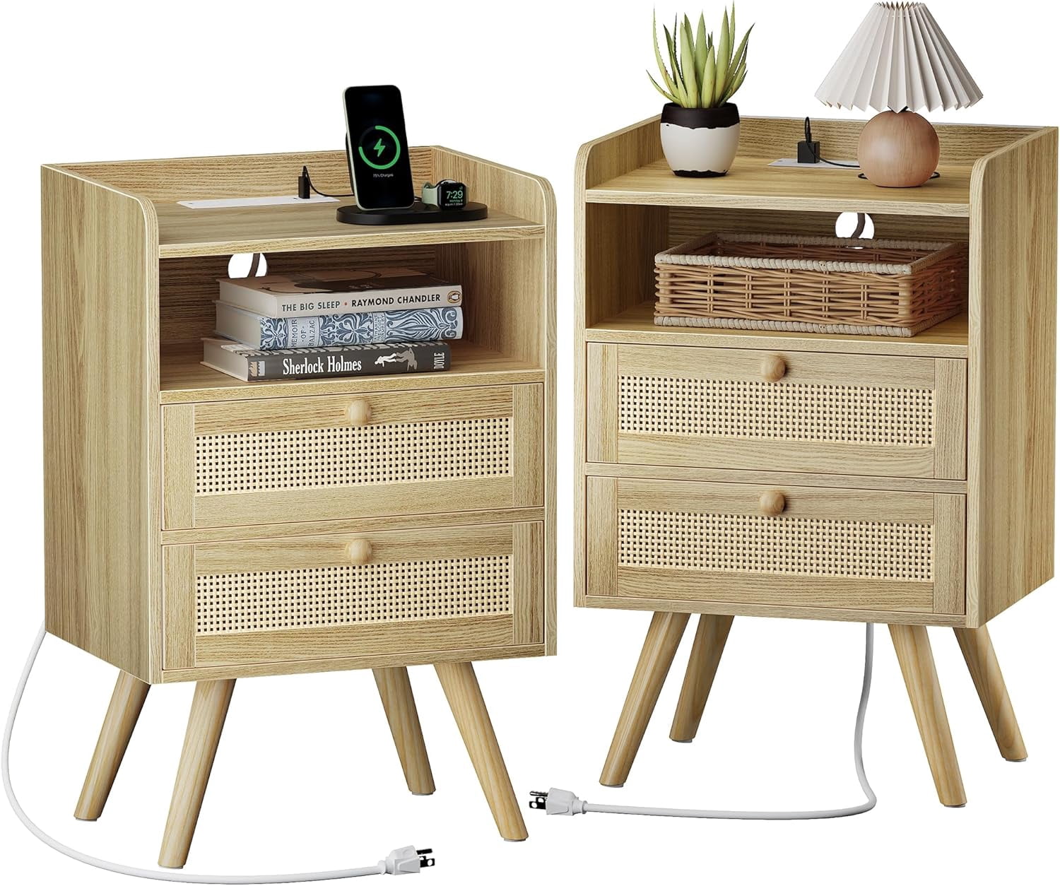2 Drawer Night Stand with Charger Station, Boho Rattan Nightstand Set ...