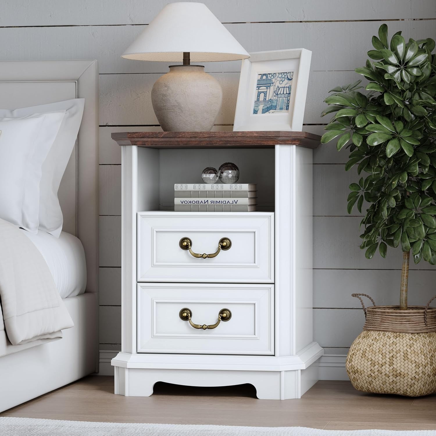 2-Drawer Nightstand with Charging Station, Rustic Wooden Bedside Table ...