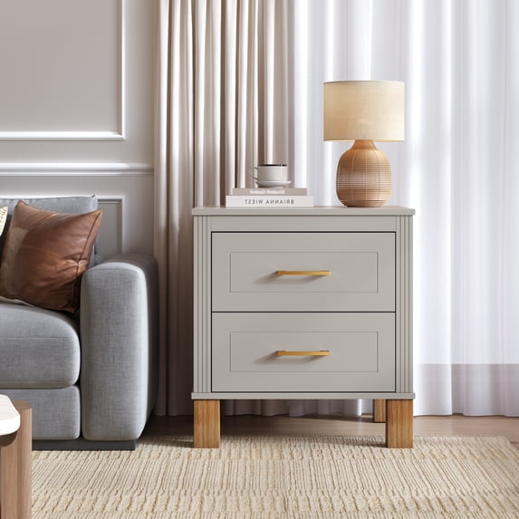 2 Drawer Nightstand, Fluted Design Bedside Table with Solid Wood Legs ...