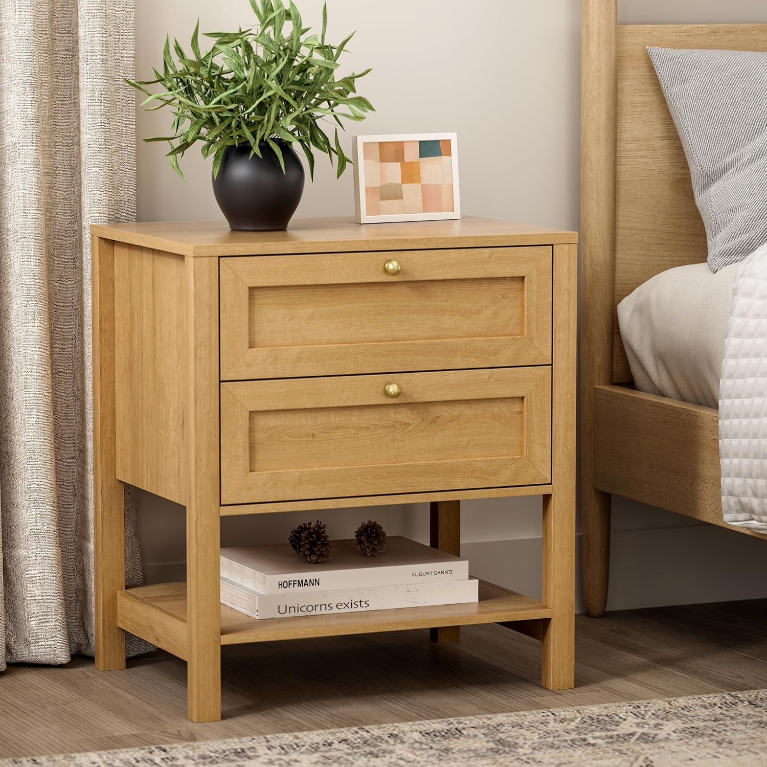 2 Drawer Nightstand Large Farmhouse Wood Bedside Table With Open Shelf