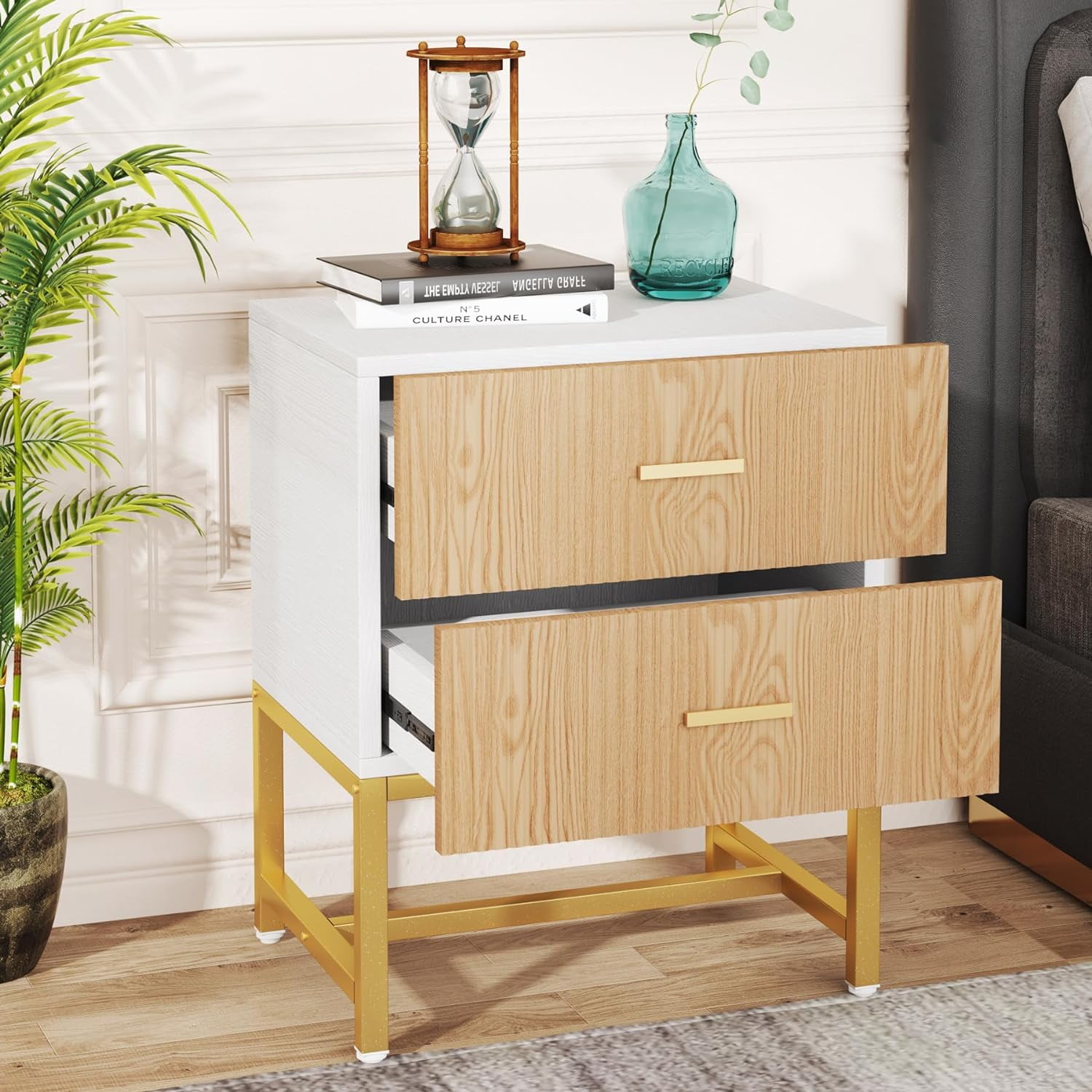 2-Drawer Nightstand, Modern Fluted Night Stands Bed Side Table with ...