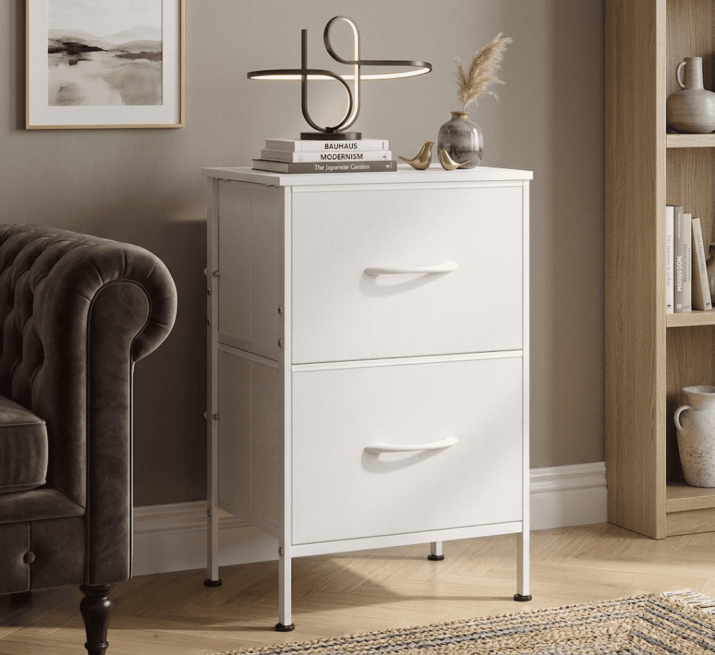 2-Drawer Nightstand with Wooden Top, White End Table with Fabric ...