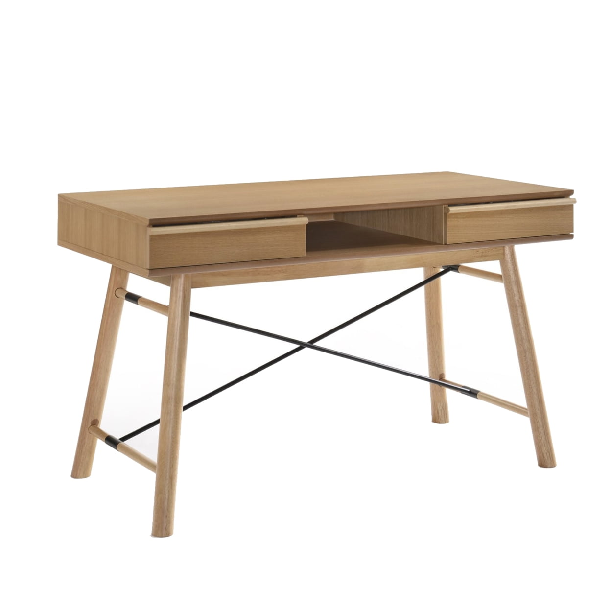2 Drawer Office Desk with X Metal Brace and Slanted Legs, Oak Brown ...