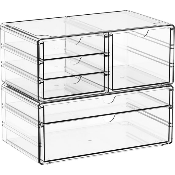 2 Drawer Organizer With 6 Drawers,Stackable 11.1" Large Clear Storage ...