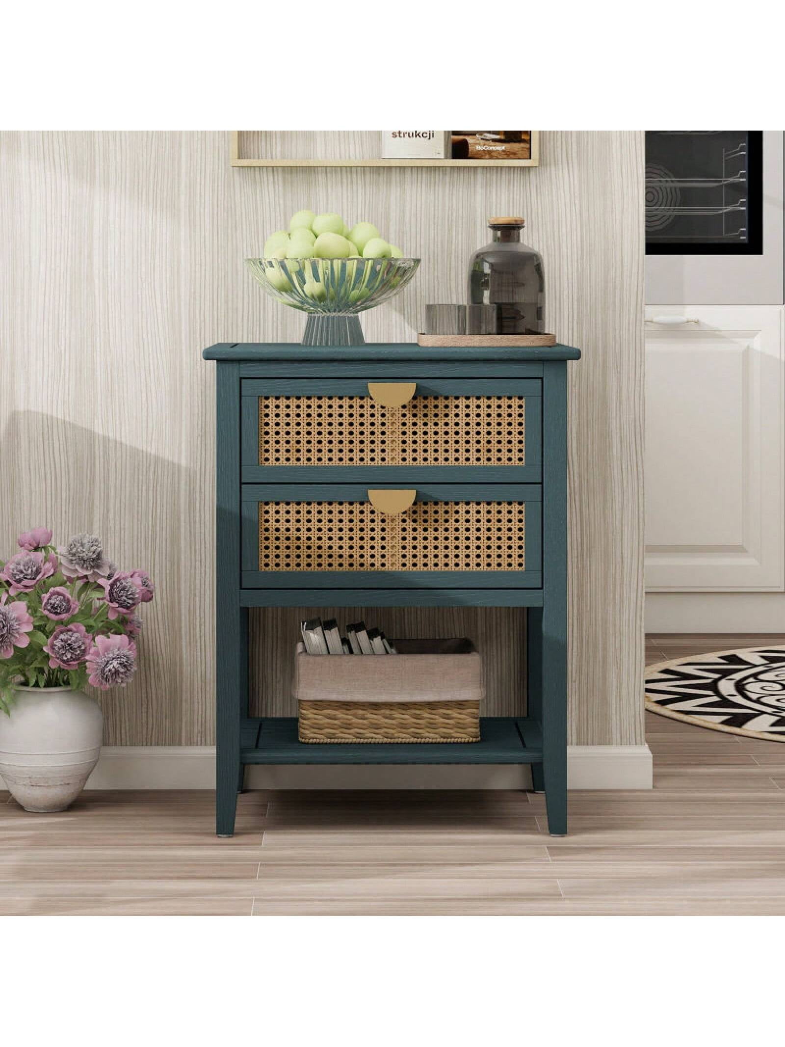 2-Drawer Side Table: Natural Rattan, 80lbs Capacity – Metal Handles ...