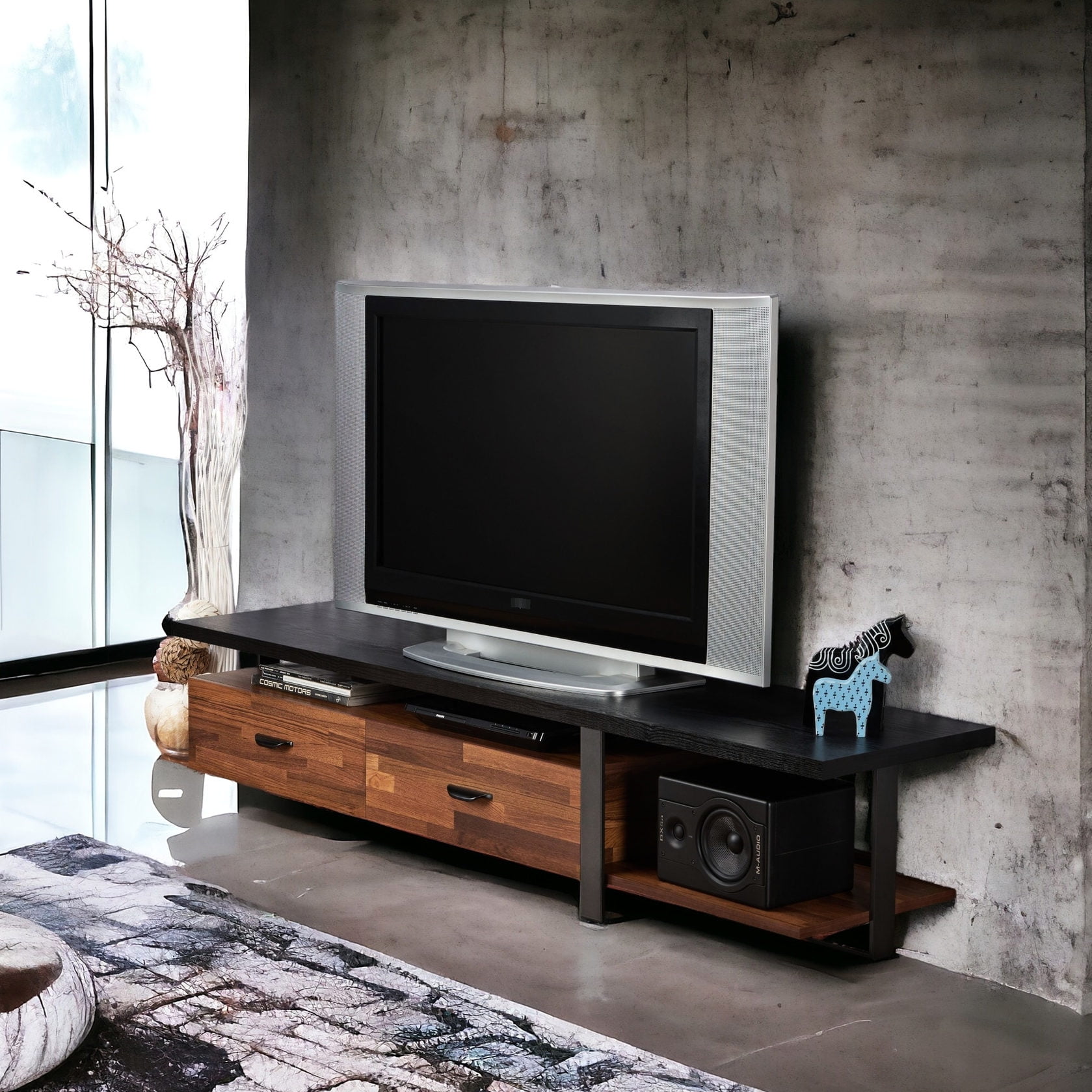 2-Drawer Walnut and Black TV Stand for 50-59" Flat Screens | Metal ...
