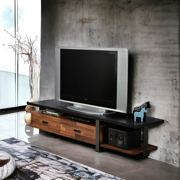 2-Drawer Walnut and Black TV Stand for 50-59" Flat Screens | Metal ...