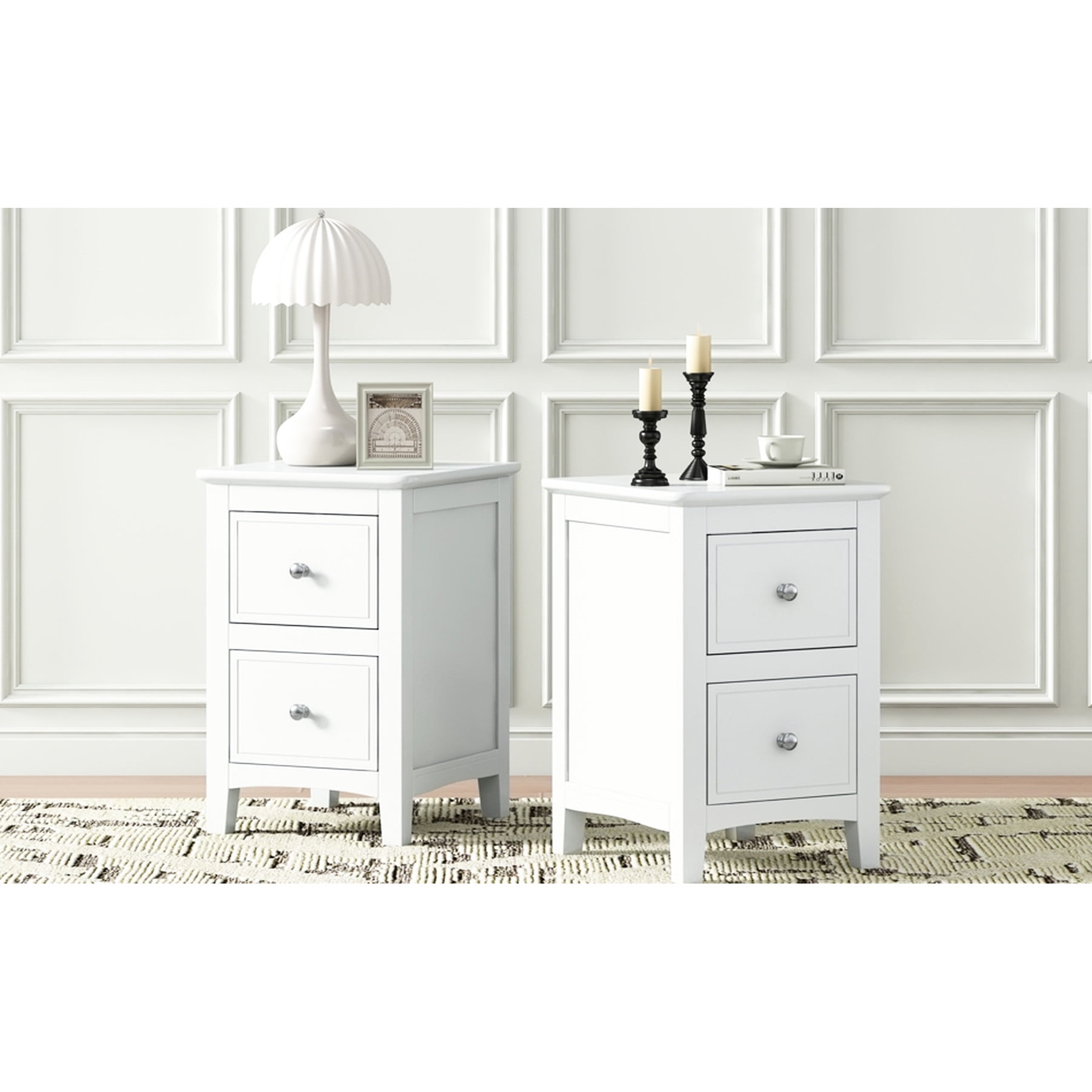 2 Drawer White Nightstand For Bedroom And Living Area - Stylish, Long ...