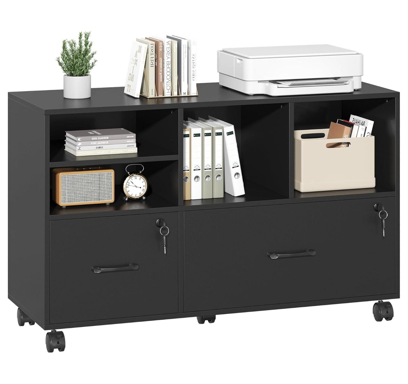 2 Drawer Wood Lateral File Cabinet with Lock, Lockable Rolling Filing Cabinet with Adjustable ...