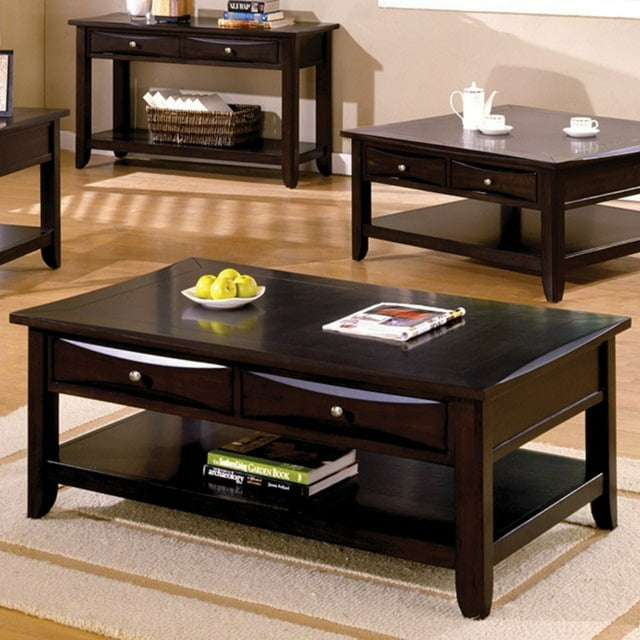 2 Drawer Wooden Coffee Table with Open Bottom Shelf, Espresso Brown ...