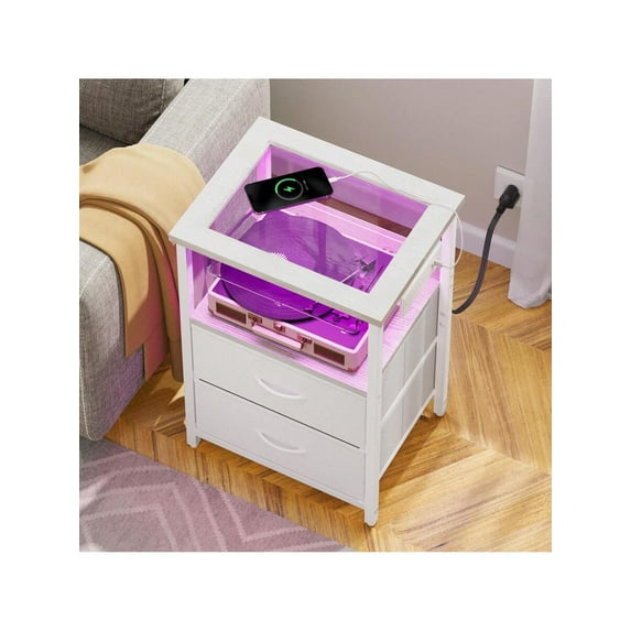 2 Drawers Night Stand With Charging Station & Glass Top, LED Nightstand ...