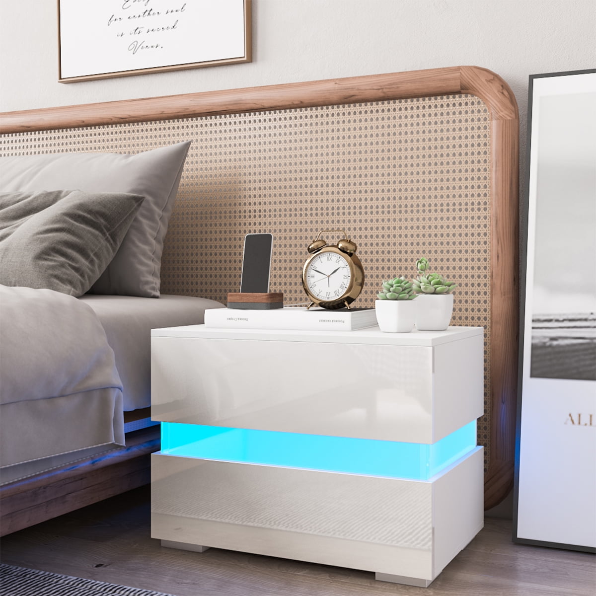 2 Drawers Night Stand with RGB LED Light Mode System, High Gloss ...
