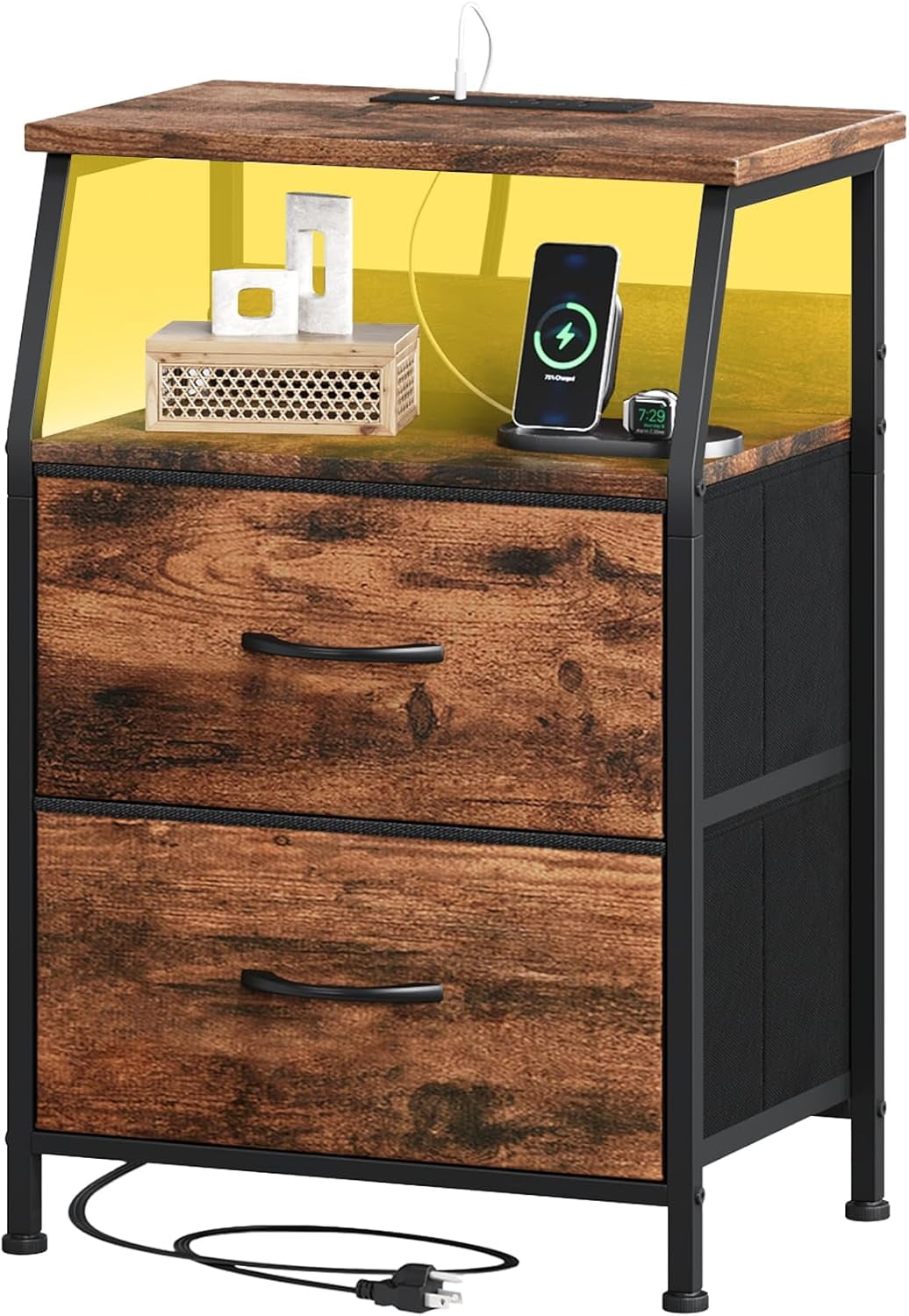 2 Drawers Nightstand with Charging Station and LED Light for Bedroom ...