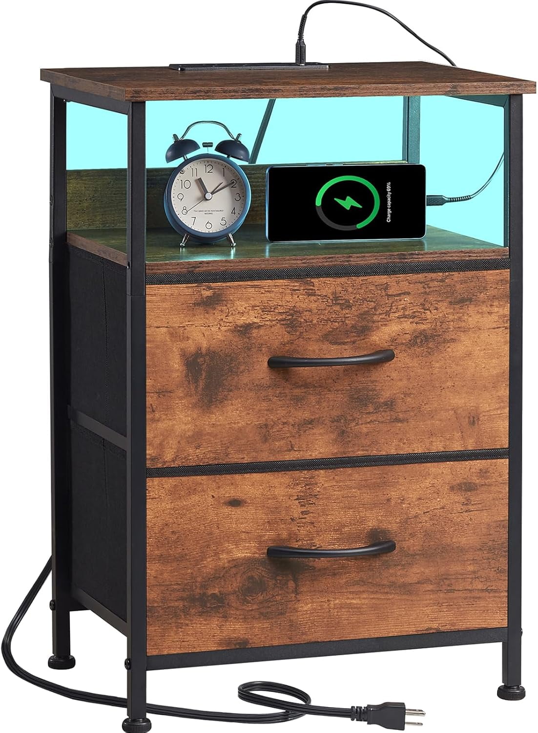 2 Drawers Nightstand with Charging Station and LED Light for Bedroom ...