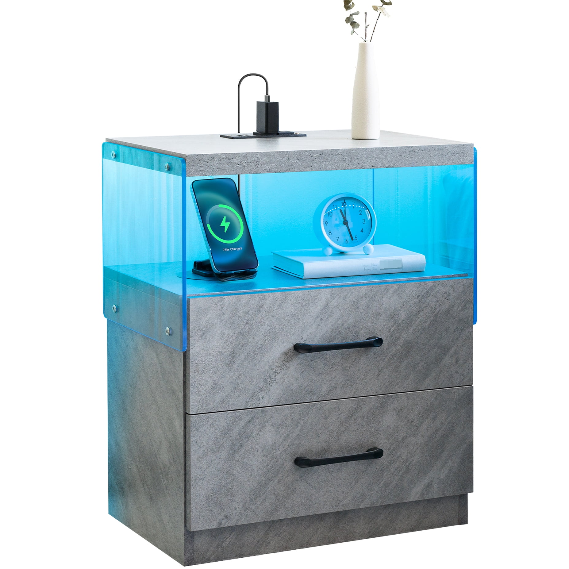 2 Drawers Nightstand In Grey With Multi-color Led Lights, Classy Appeal ...