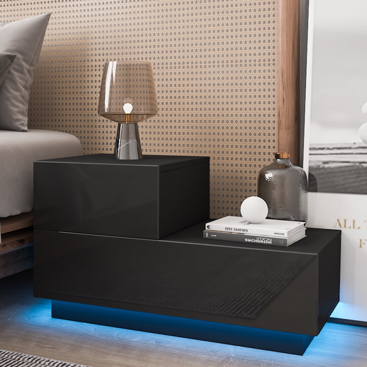 Elegant Night Stand with 2 Drawers and RGB 20 LED Light Mode - Modern ...
