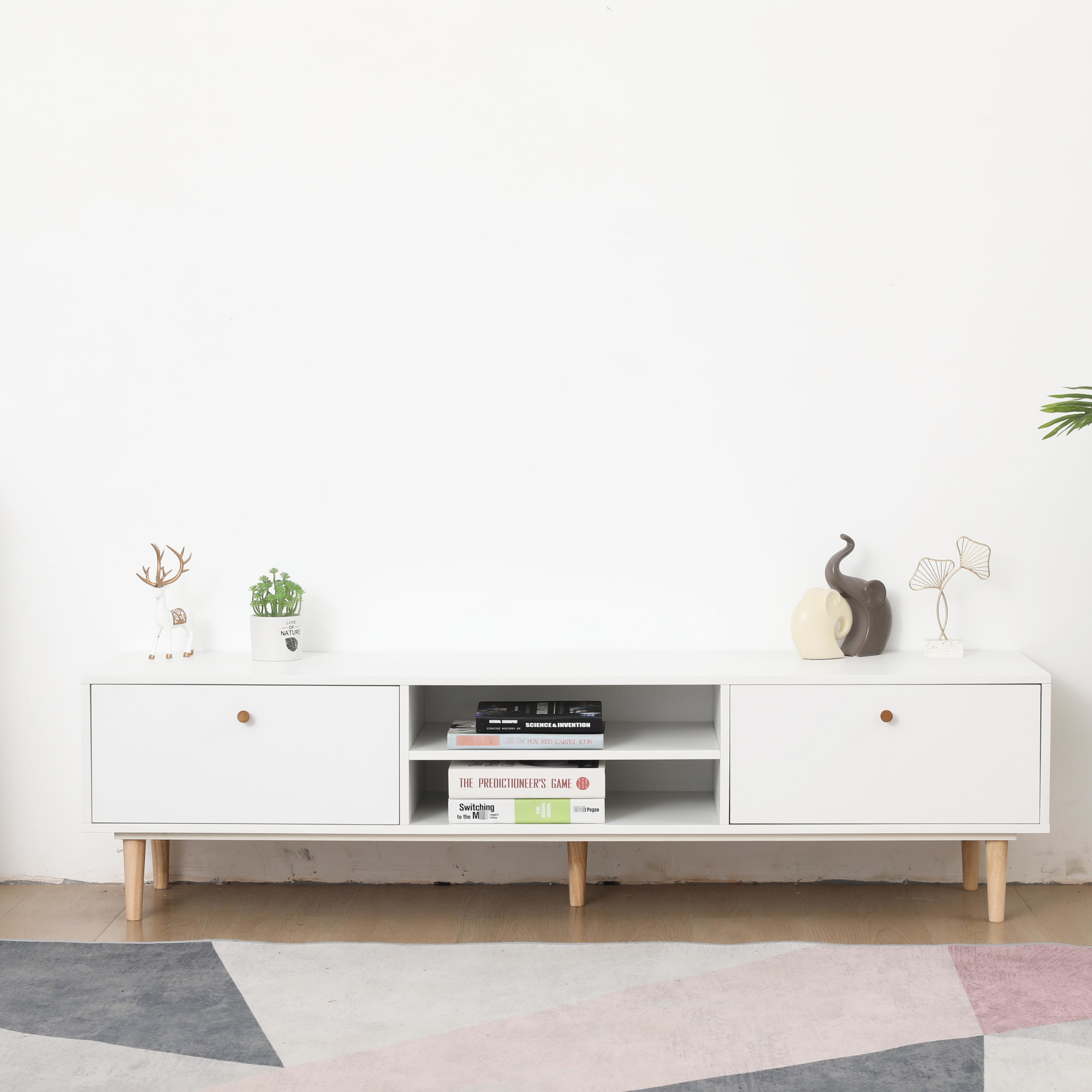 2 Drawers Tv Stand With Abundant Interior, White+oak Style, Particle ...