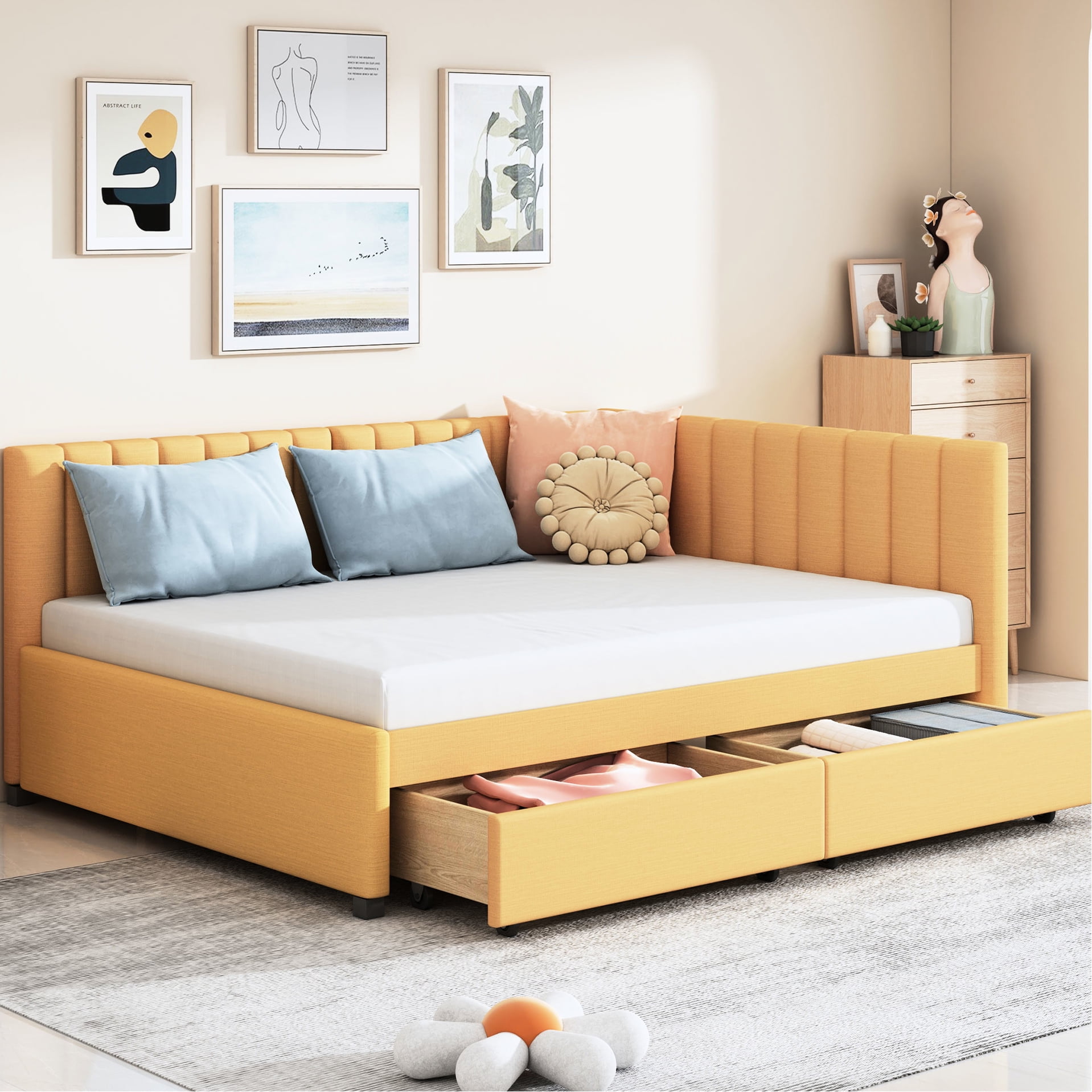 2 Drawers Upholstered Daybed In Yellow Linen, Strong Construction, No ...