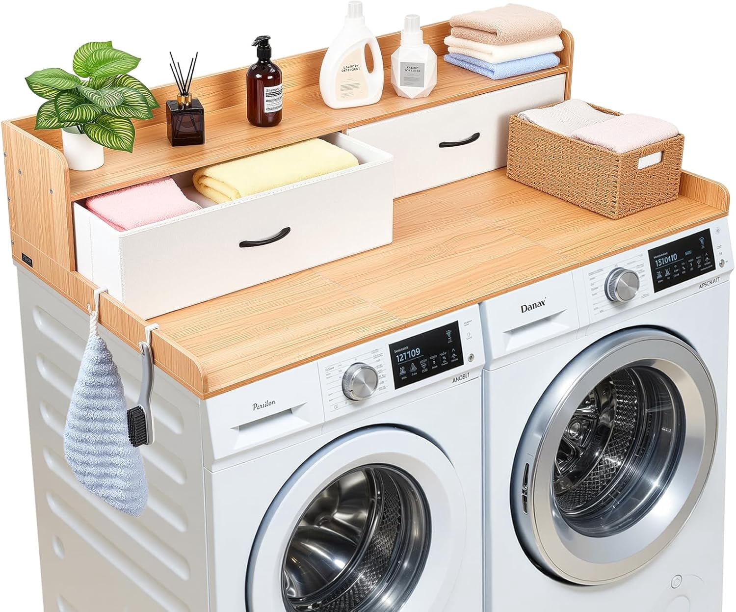 2 Drawers Washer Dryer Countertop with Shelf, 54" x 27" Wooden Laundry ...