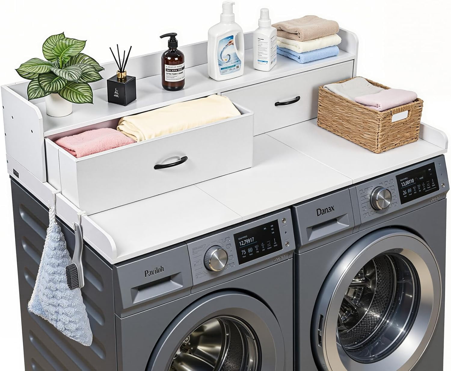 2 Drawers Washer Dryer Countertop with Shelf, 54" x 27" Wooden Laundry ...