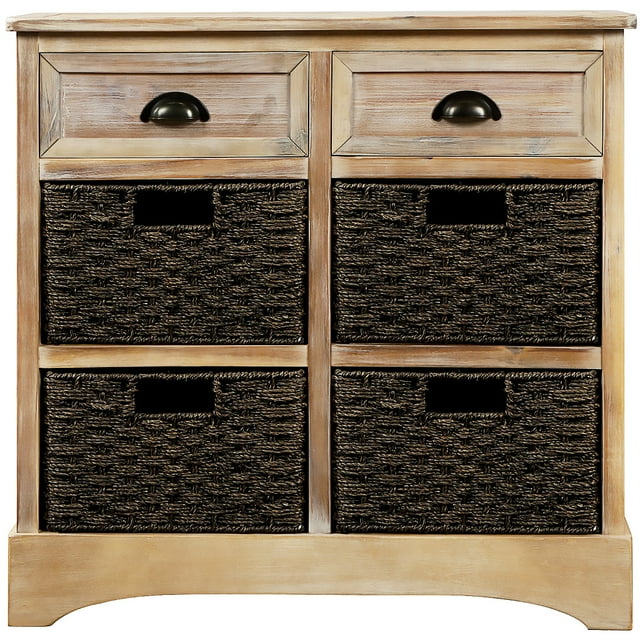 2 Drawers and 4 Classic Wicker Baskets Rustic Storage Cabinet Home ...