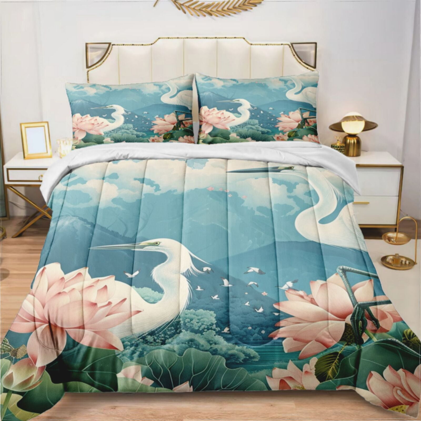 2 Egrets, Snowy Mountains, Peach Blossoms, Lotus Flowers, Lotus Leaves ...