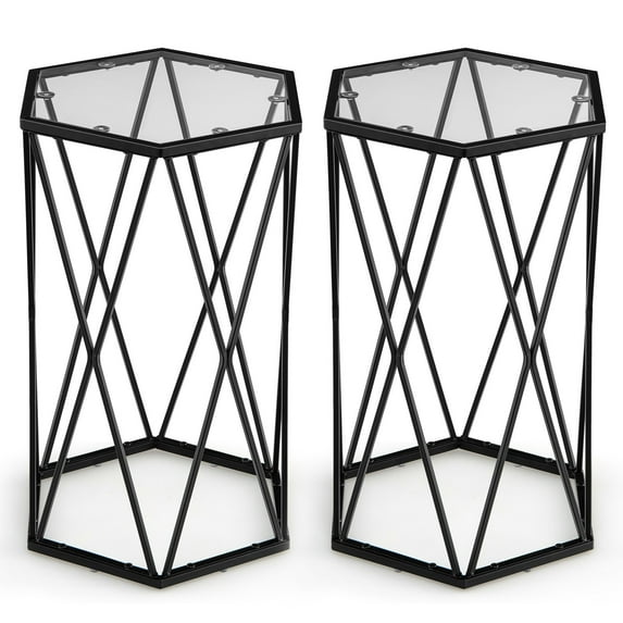 2 End Tables Functional Tempered Glass Top Metal Frame Hexagonal Accent ...