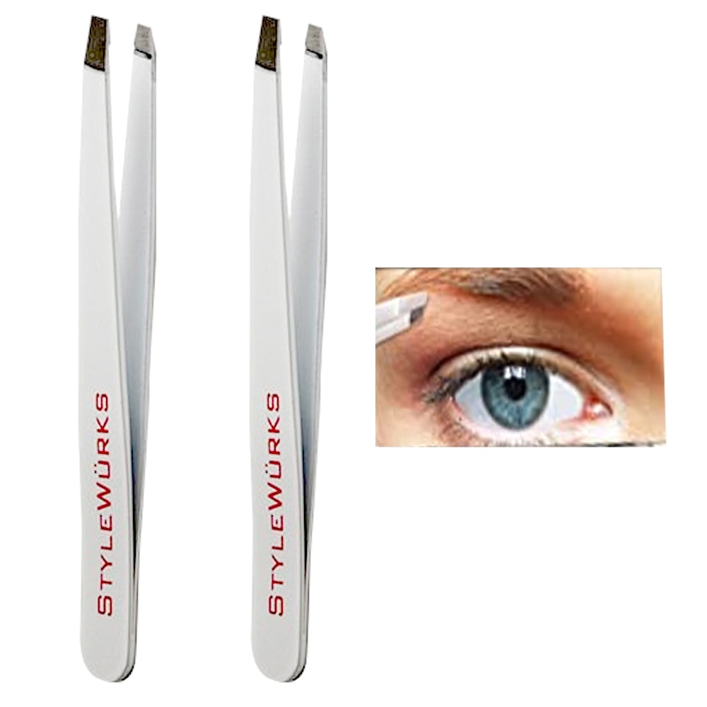 2 Eyebrow Tweezers Hair Beauty Slanted Stainless Steel Coated Makeup ...