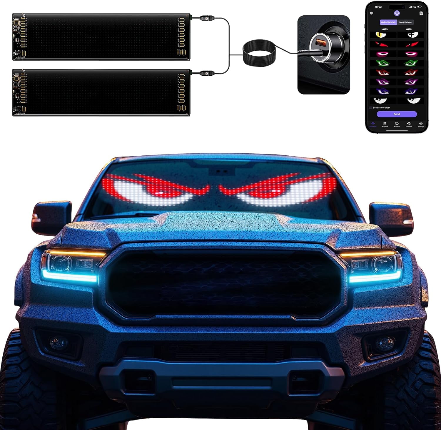 2 Eyes for Windshield 14.56"x3.62", Programmable Animated Devil Eyes ...