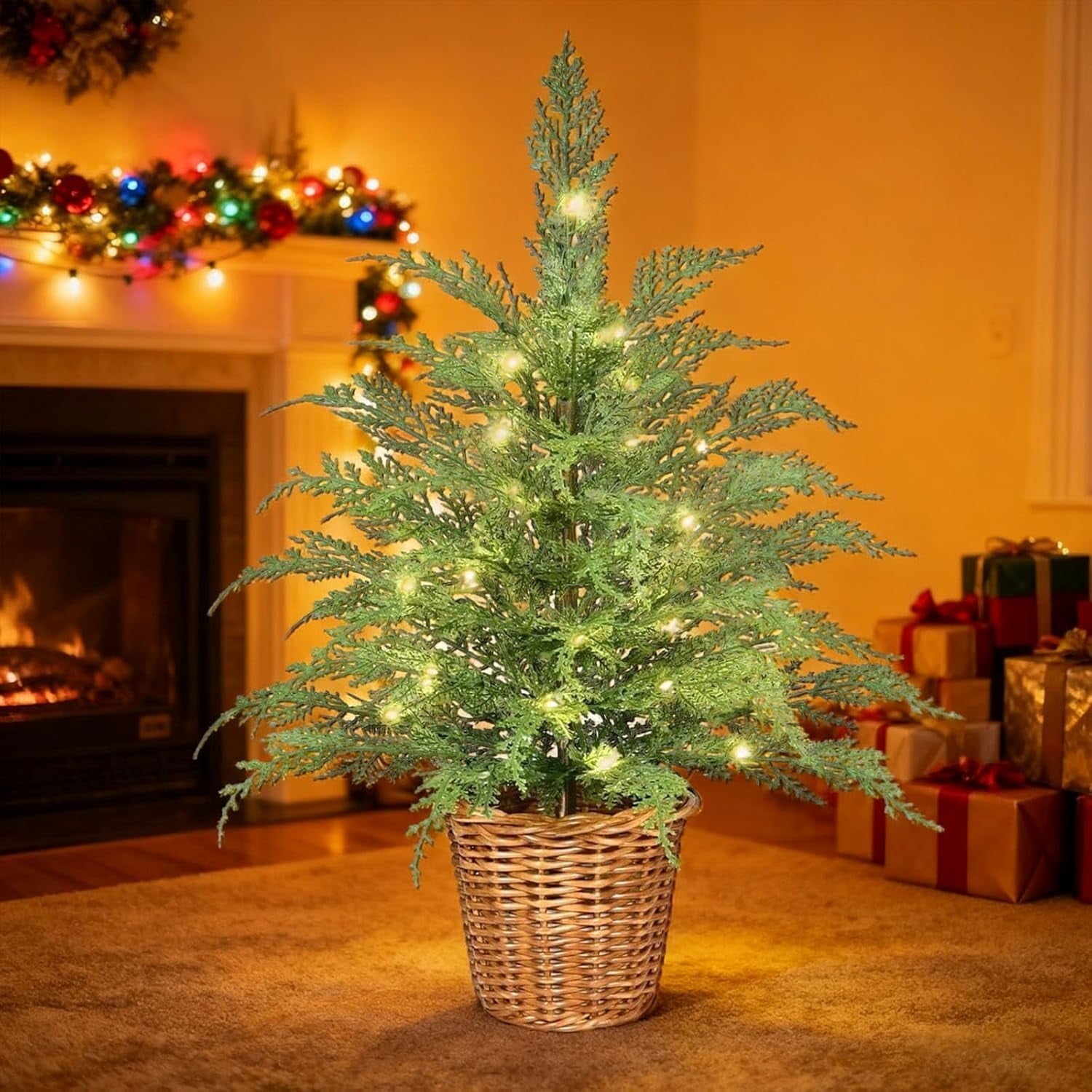 2 FT Pre-Lit Green Cypress Artificial Christmas Potted Tree with 100 Warm White LED Lights,Real ...