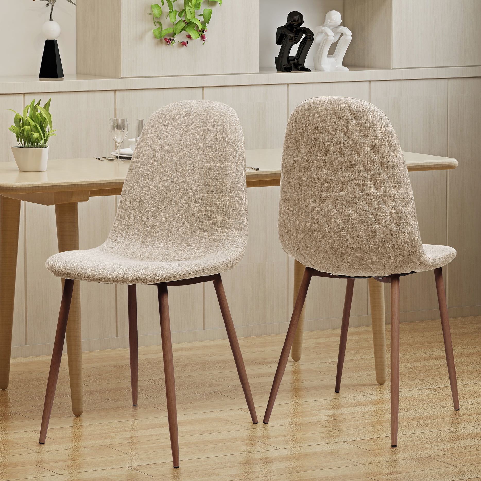 Of 2 Fabric Dining Chairs, Iron Legs With Dark Walnut Finish, Wheat ...