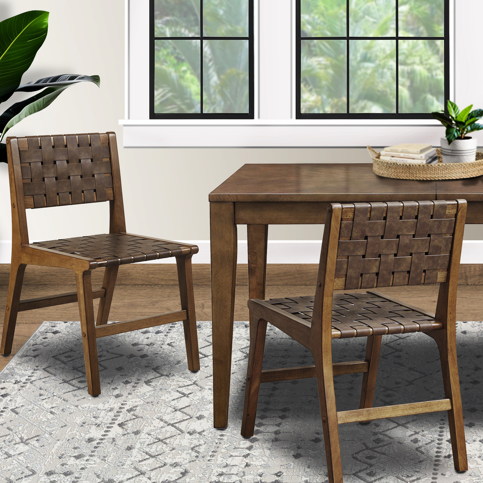Of 2 Faux Leather Woven Dining Stools - Solid Wood Frame, Pecan Finish ...